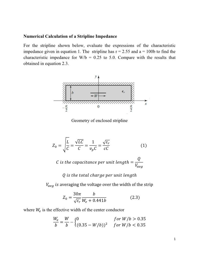 Solved Numerical Calculation of a Stripline Impedance For | Chegg.com