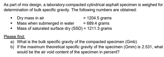 Solved As part of mix design, a laboratory-compacted | Chegg.com
