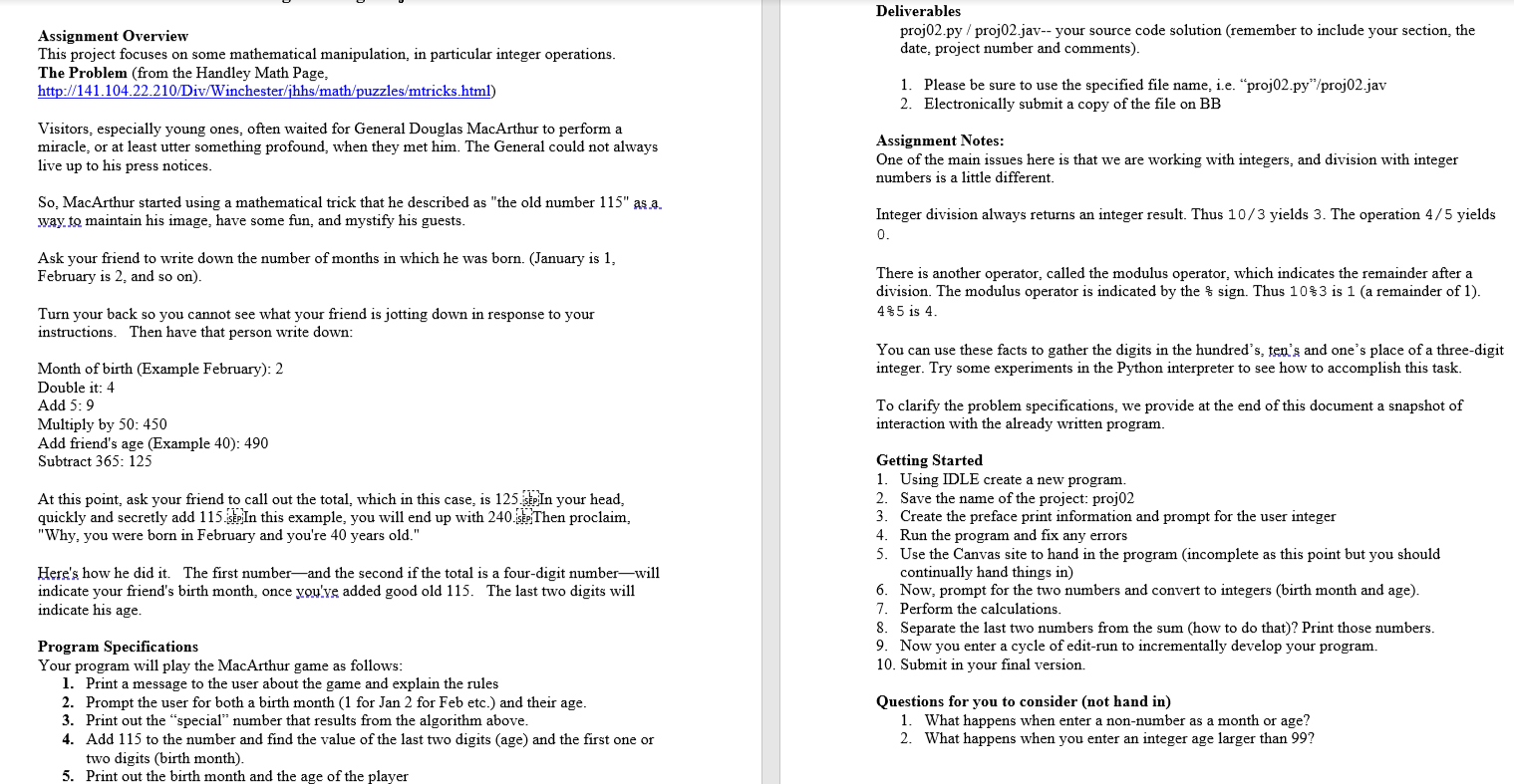Solved Deliverables proj02.py / proj02.jav-- your source | Chegg.com