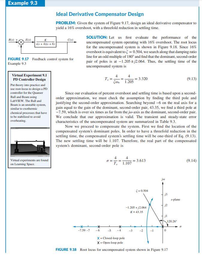 Example 9.3 R(s) + K 4 Ideal Derivative Compensator | Chegg.com