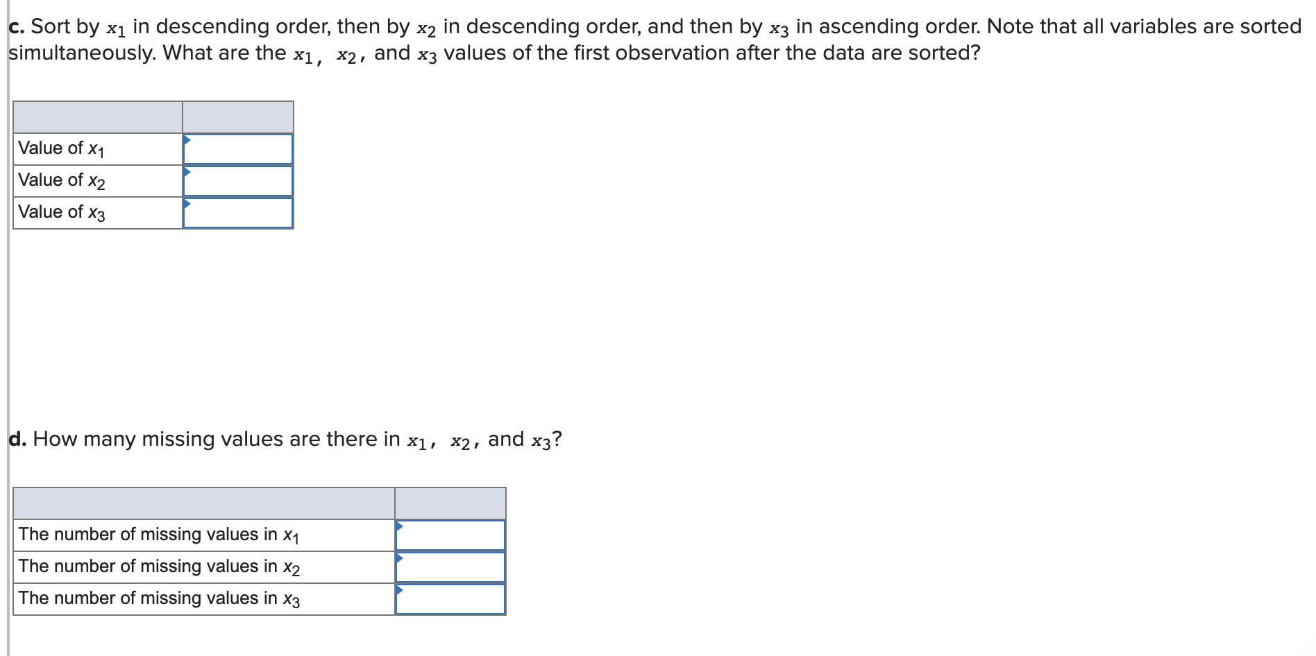 Solved c. Sort by x1 in descending order, then by x2 in | Chegg.com