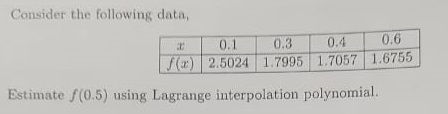 Solved Consider the following data, Estimate f(0.5) using | Chegg.com