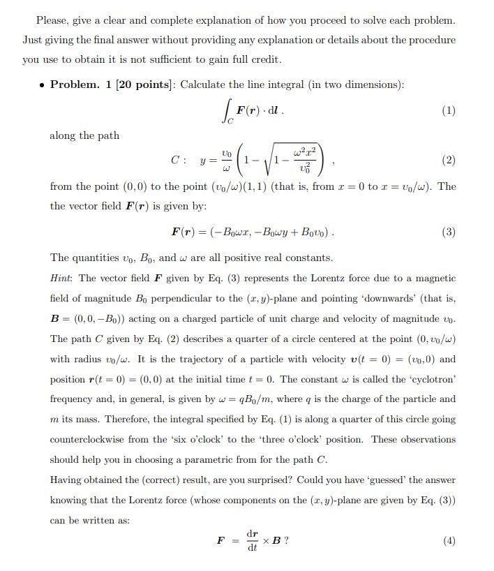 Problem. 1 [20 points]: Calculate the line integral | Chegg.com