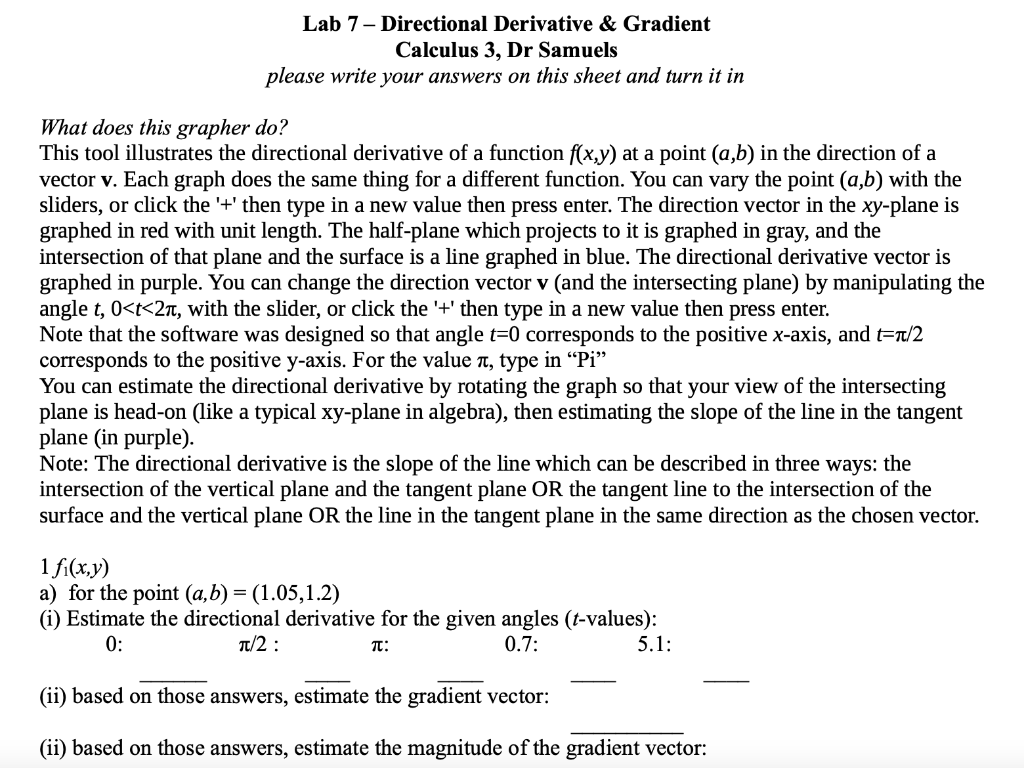 Lab 7 - Directional Derivative & Gradient Calculus 3, | Chegg.com