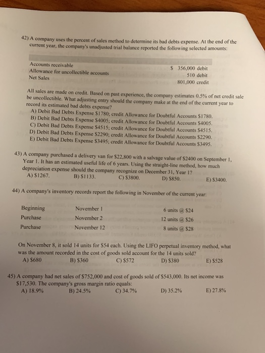 Solved 42) A company uses the percent of sales method to | Chegg.com