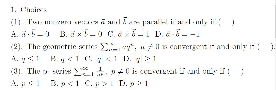 Solved 1. Choices (1). Two nonzero vectors ā and 5 are | Chegg.com