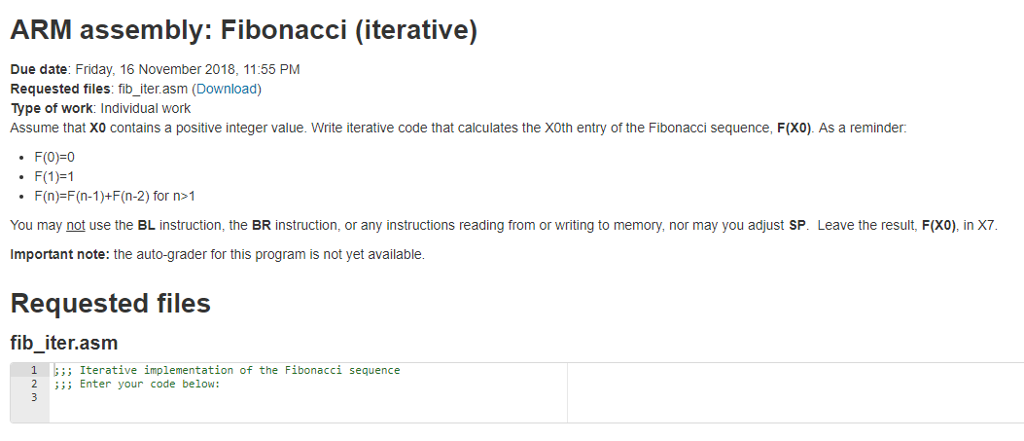 ARM assembly: Fibonacci (iterative) Due date: Friday, | Chegg.com