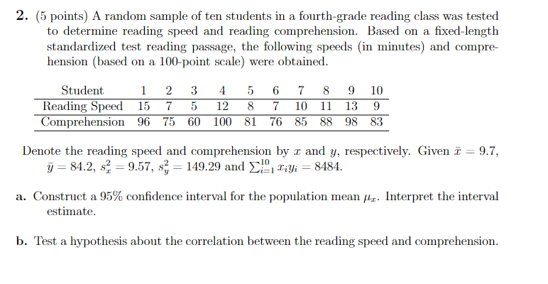 Solved 2. (5 points) A random sample of ten students in a | Chegg.com
