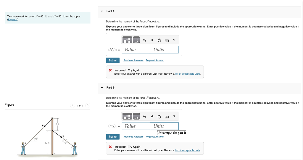 Solved Two men exert forces of F=86lb and P=50 lb on the | Chegg.com