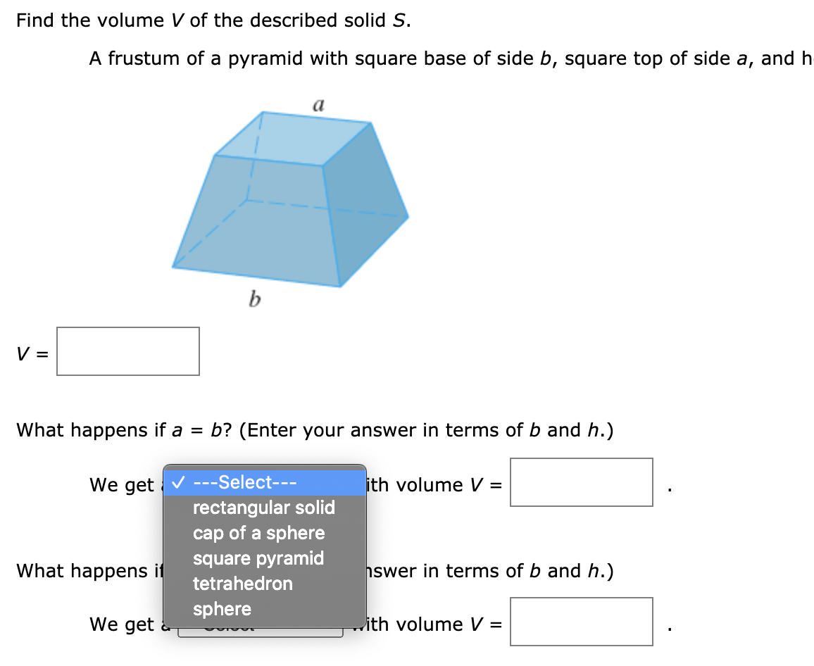 Solved Find the volume V of the described solid S. A frustum | Chegg.com