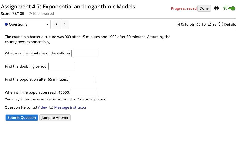 Solved Assignment 4.7: Exponential and Logarithmic Models | Chegg.com