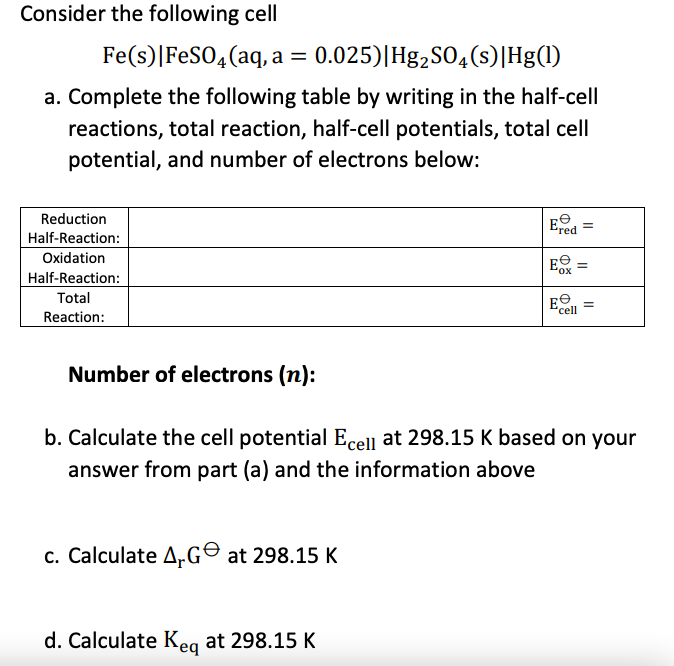 Solved Consider the following cell Fe(s)|FeSO4 (aq, a = | Chegg.com