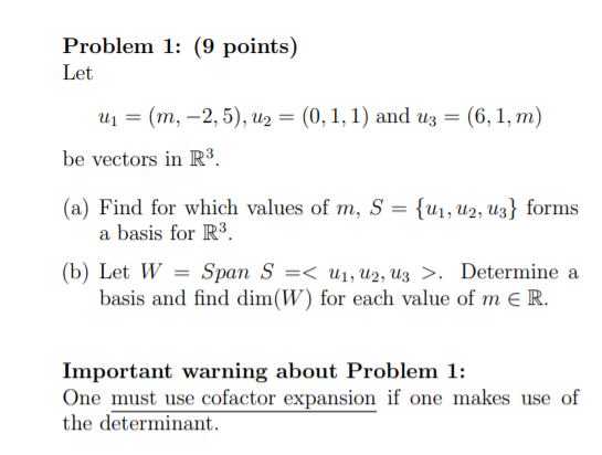 Solved Problem 1: (9 points) Let U1 = (m, -2,5), U2 = | Chegg.com