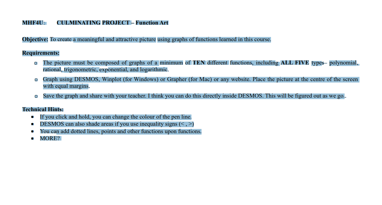 Solved MHF4U: CULMINATING PROJECT-Function Art Objective: To | Chegg.com