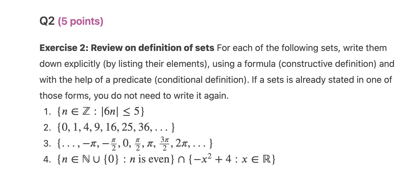 Solved Exercise 2: Review on definition of sets For each of | Chegg.com