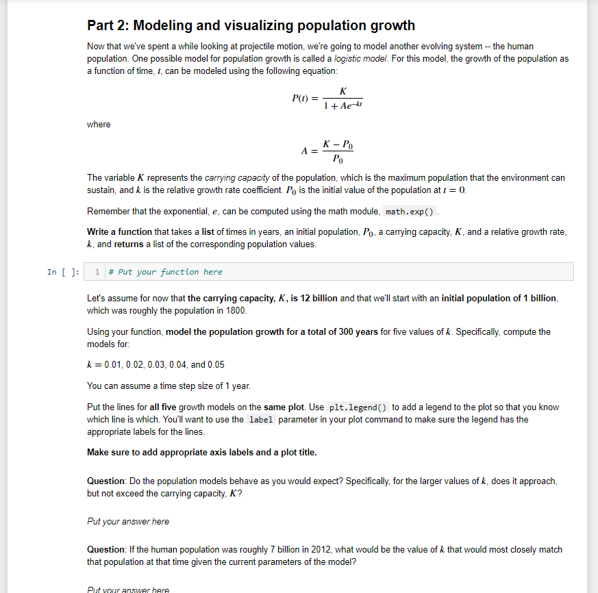 Solved Part 2: Modeling and visualizing population growth | Chegg.com