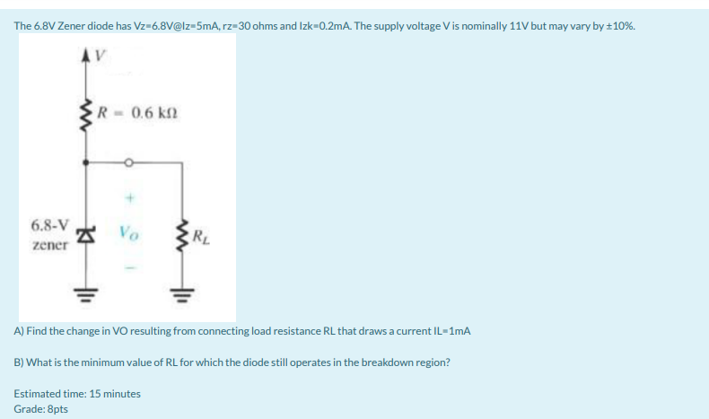 Solved The 6.8 V Zener diode has Vz=6.8V@lz=5mA, rz=30 ohms | Chegg.com