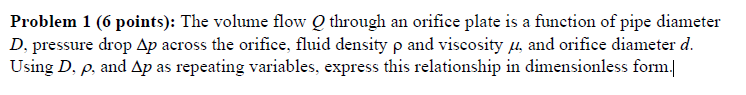 Solved Problem 1 (6 ﻿points): The volume flow Q ﻿through an | Chegg.com