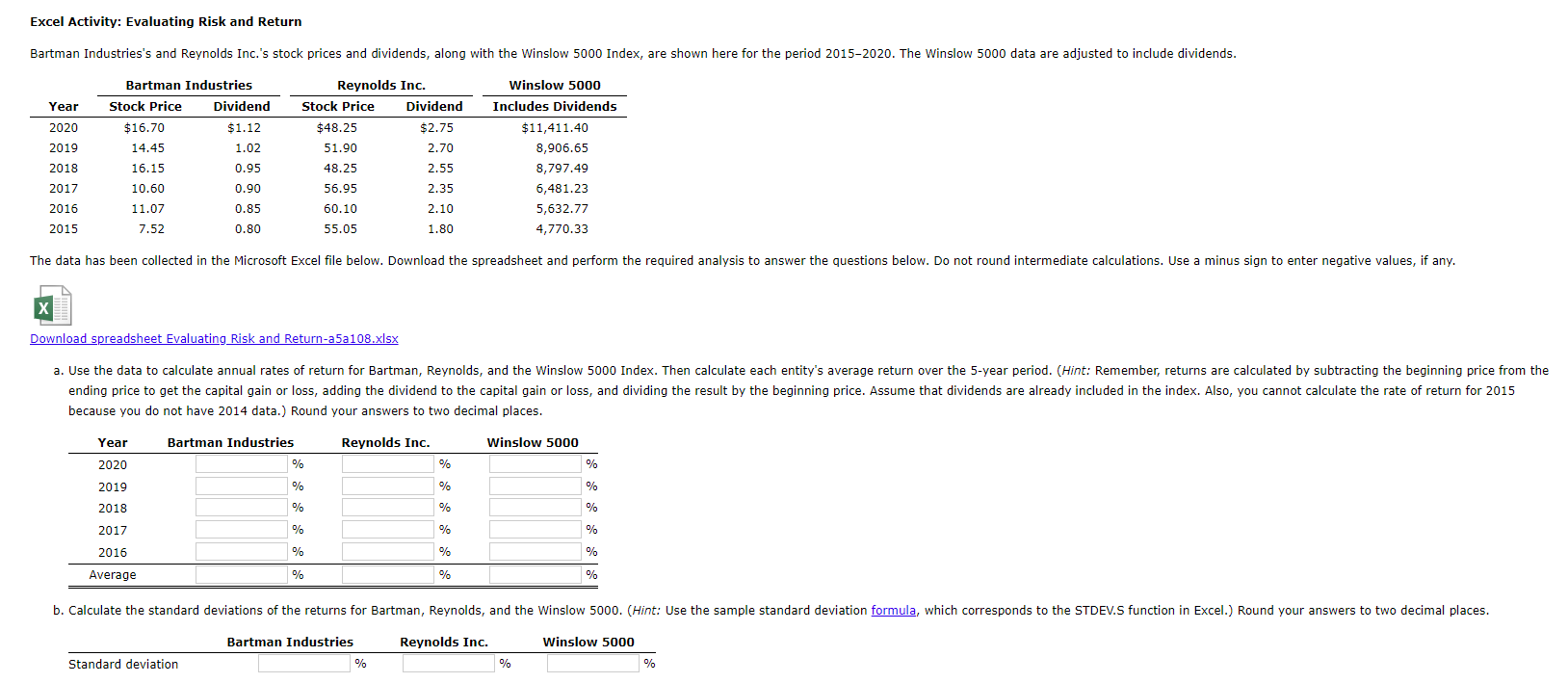 Excel Activity: Evaluating Risk and ReturnDownload | Chegg.com