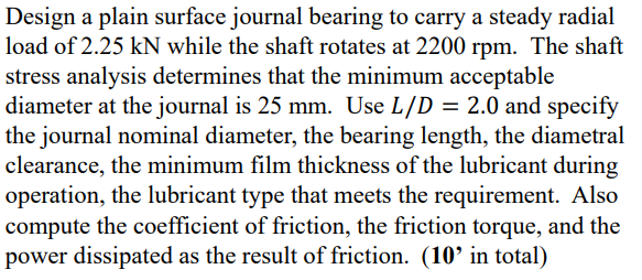 Solved Design a plain surface journal bearing to carry a | Chegg.com