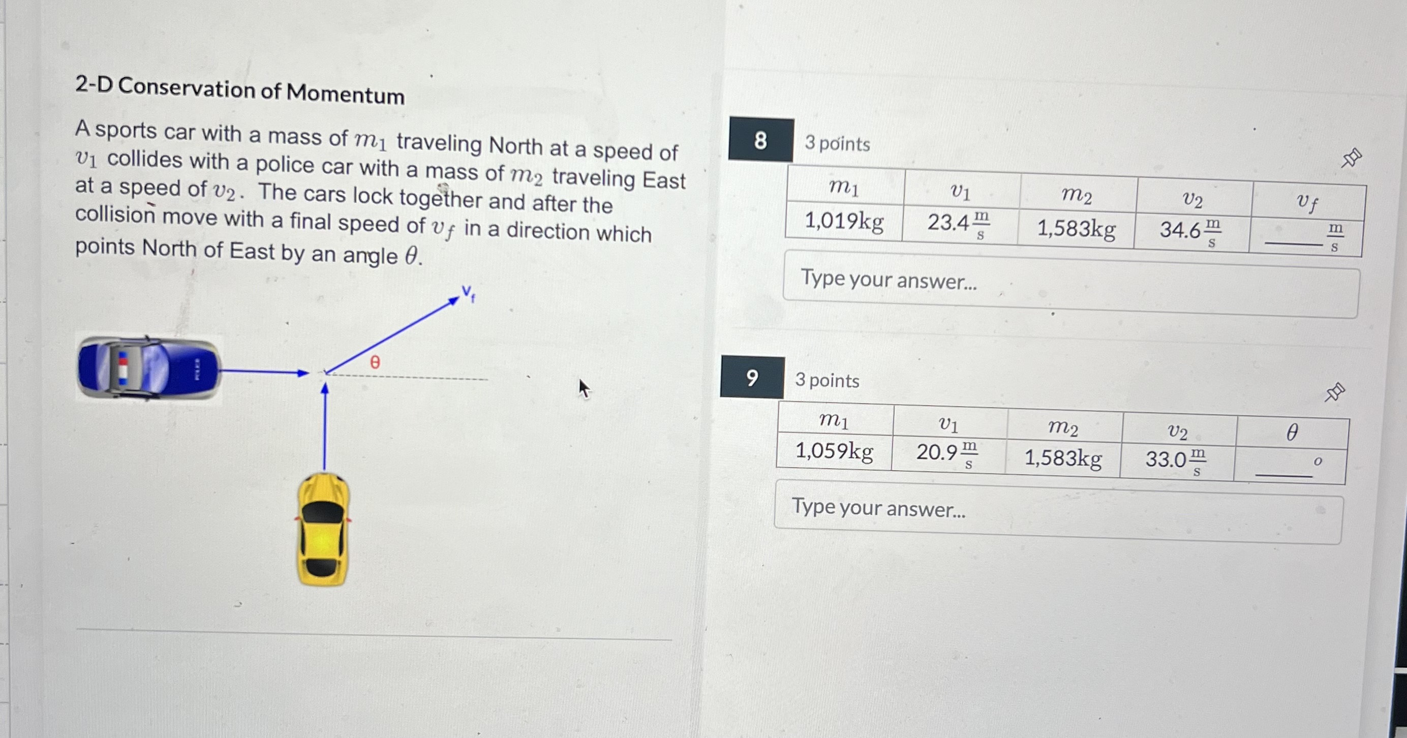 Solved 2-D Conservation of Momentum A sports car with a mass | Chegg.com