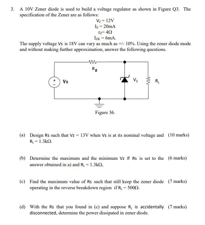 Solved 3. A 10V Zener diode is used to build a voltage | Chegg.com