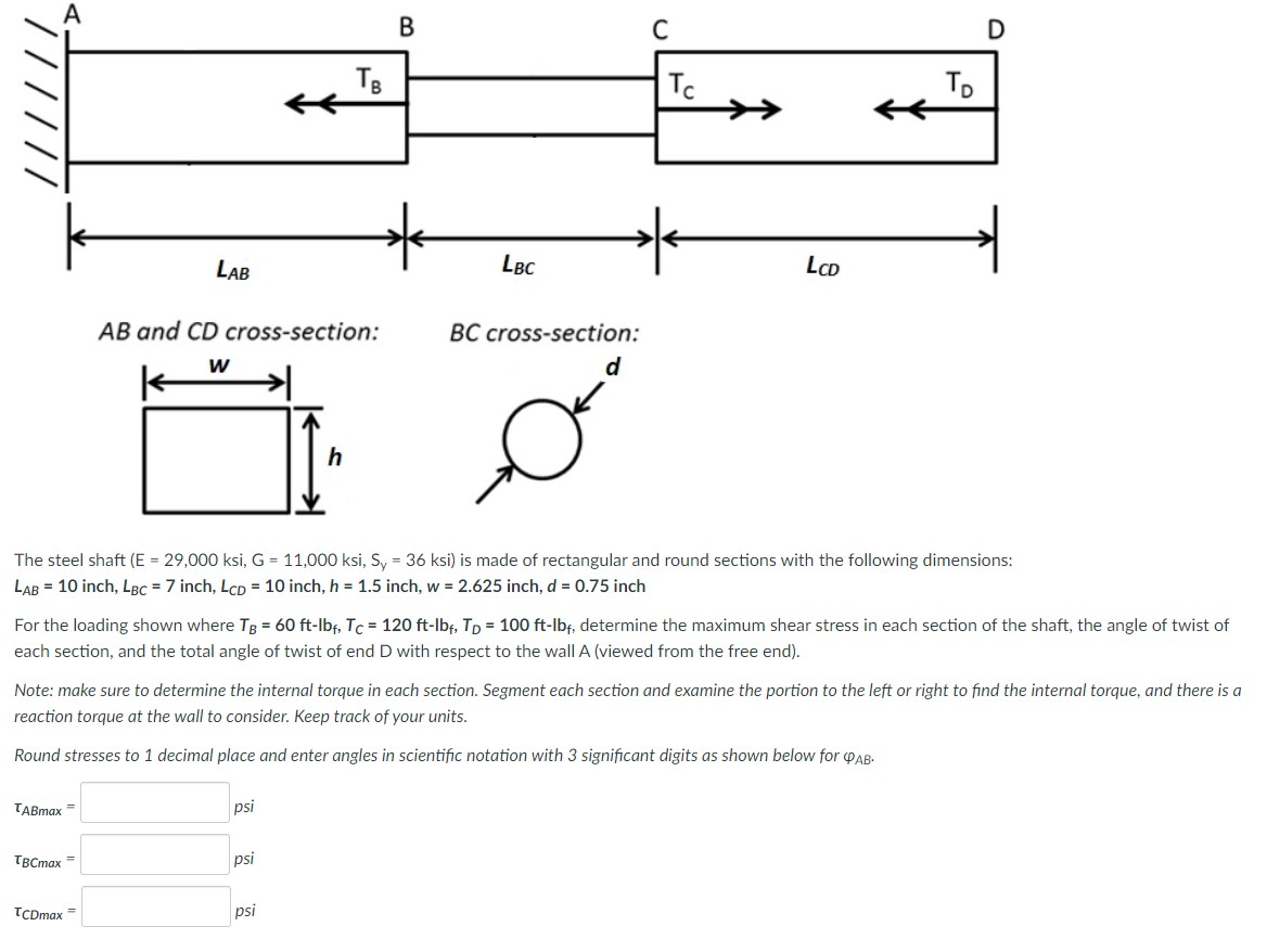 Solved The steel shaft (E=29,000ksi,G=11,000ksi,Sy=36ksi) is | Chegg.com