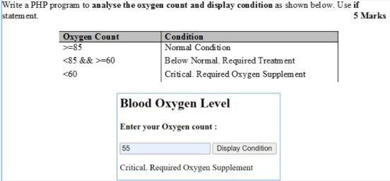 Solved 5 Marks Write a PHP program to analyse the oxygen | Chegg.com