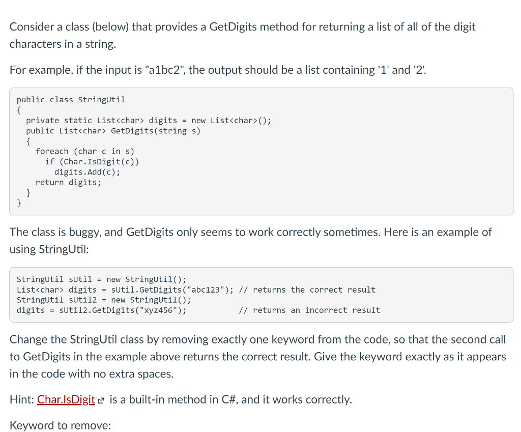 Solved Consider a class (below) that provides a GetDigits | Chegg.com