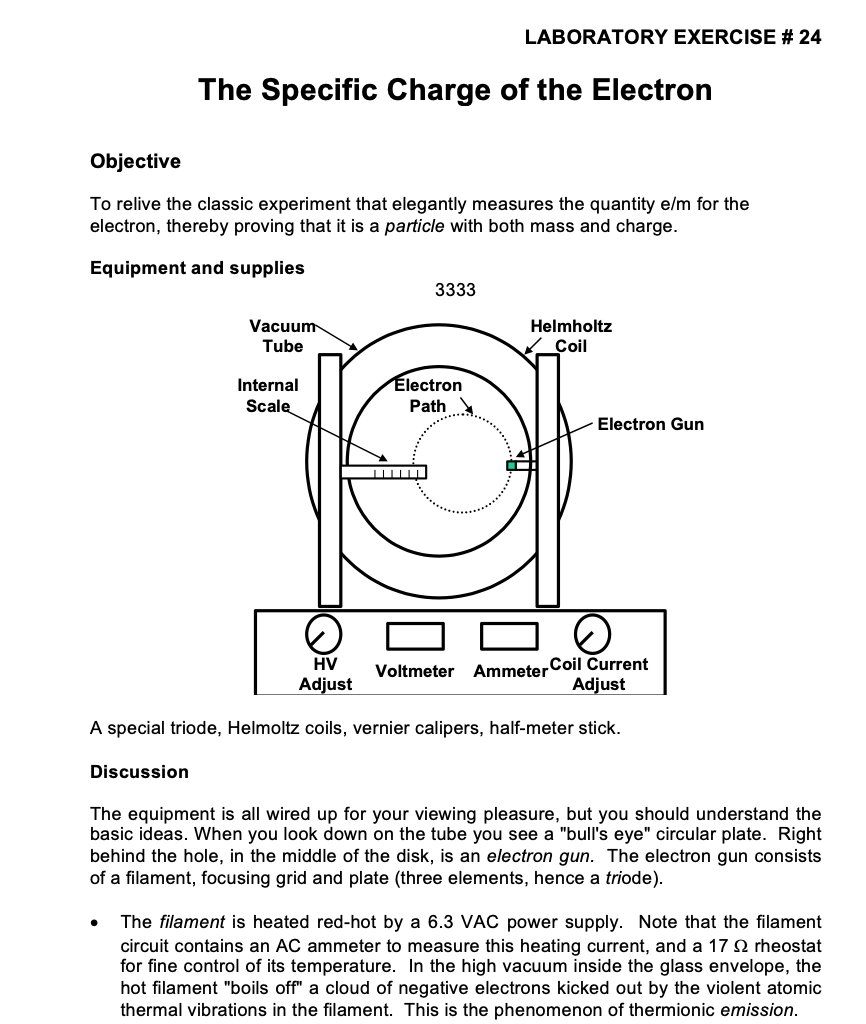 Solved LABORATORY EXERCISE # 24 The Specific Charge of the | Chegg.com
