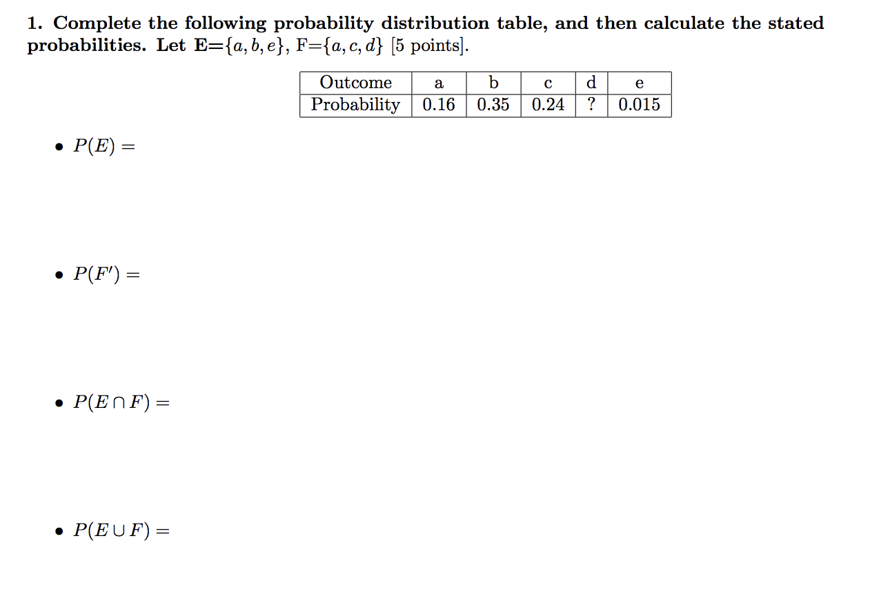 Solved 1. Complete the following probability distribution | Chegg.com