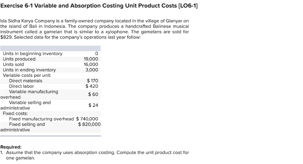 Solved Exercise 6-1 Variable and Absorption Costing Unit | Chegg.com