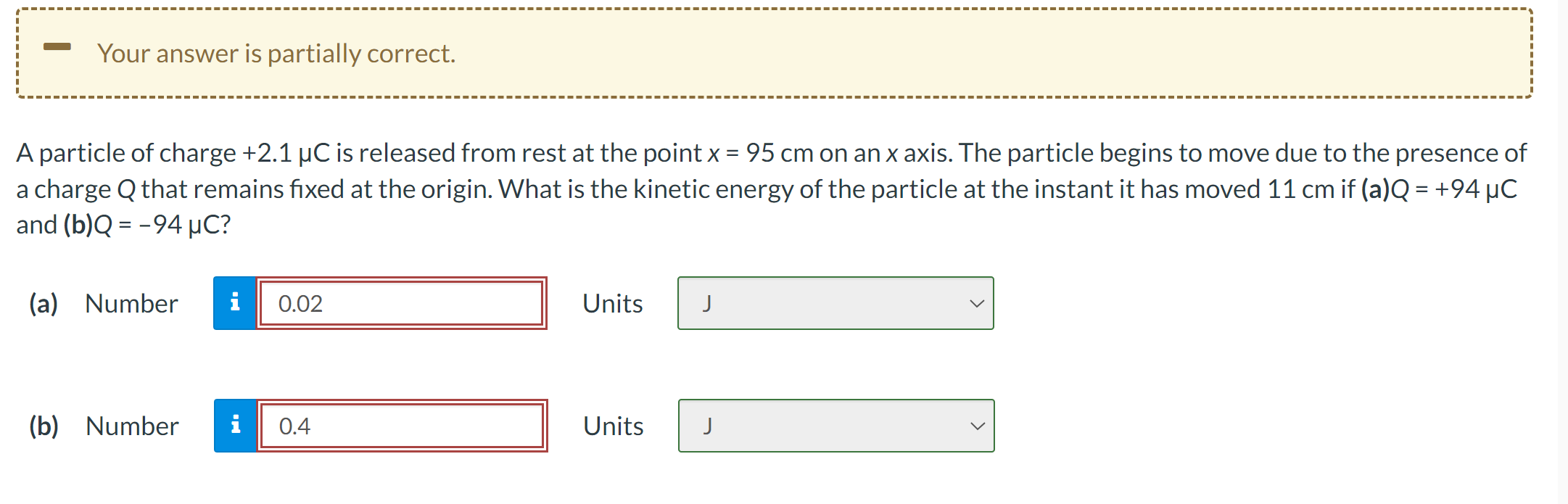 Solved Your answer is partially correct. A particle of | Chegg.com