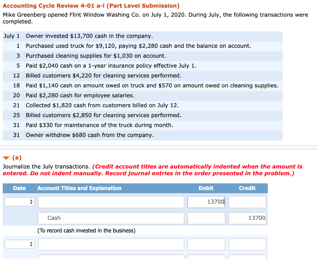 Solved Accounting Cycle Review 4-01 a-i (Part Level | Chegg.com