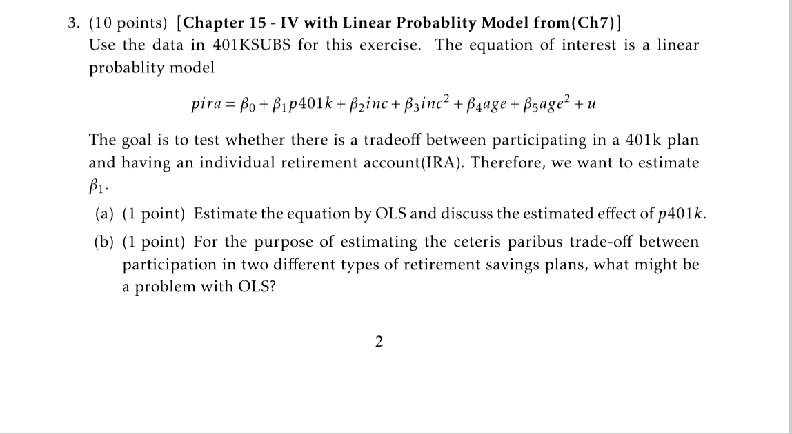 (10 points) [Chapter 15 - IV with Linear Probablity | Chegg.com