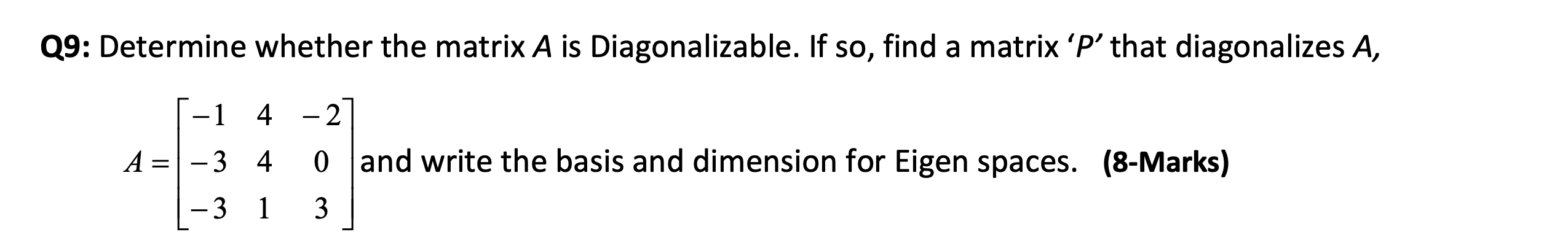 Solved Q9: Determine whether the matrix A is Diagonalizable. | Chegg.com