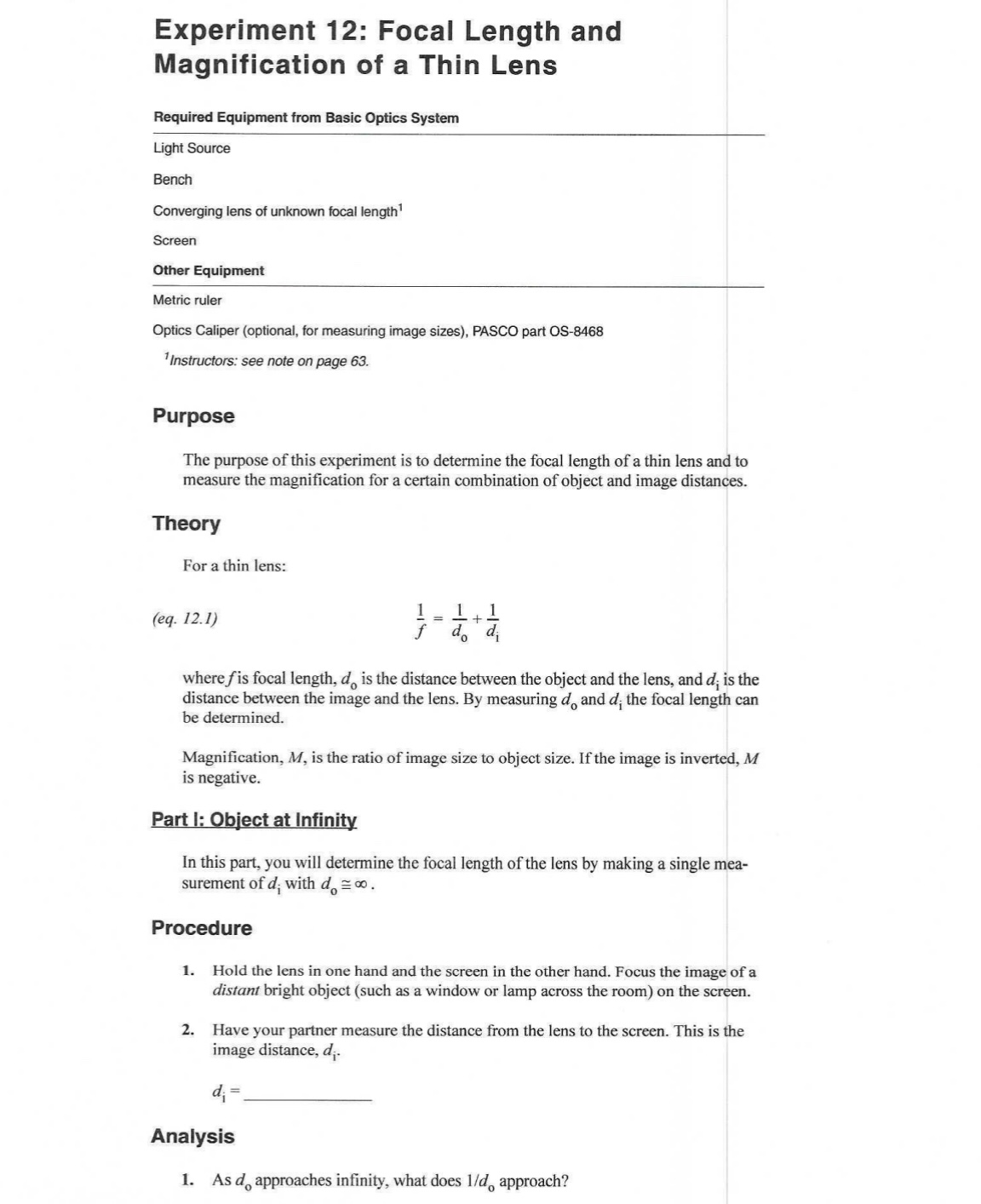 Solved Experiment 12: Focal Length and Magnification of a | Chegg.com