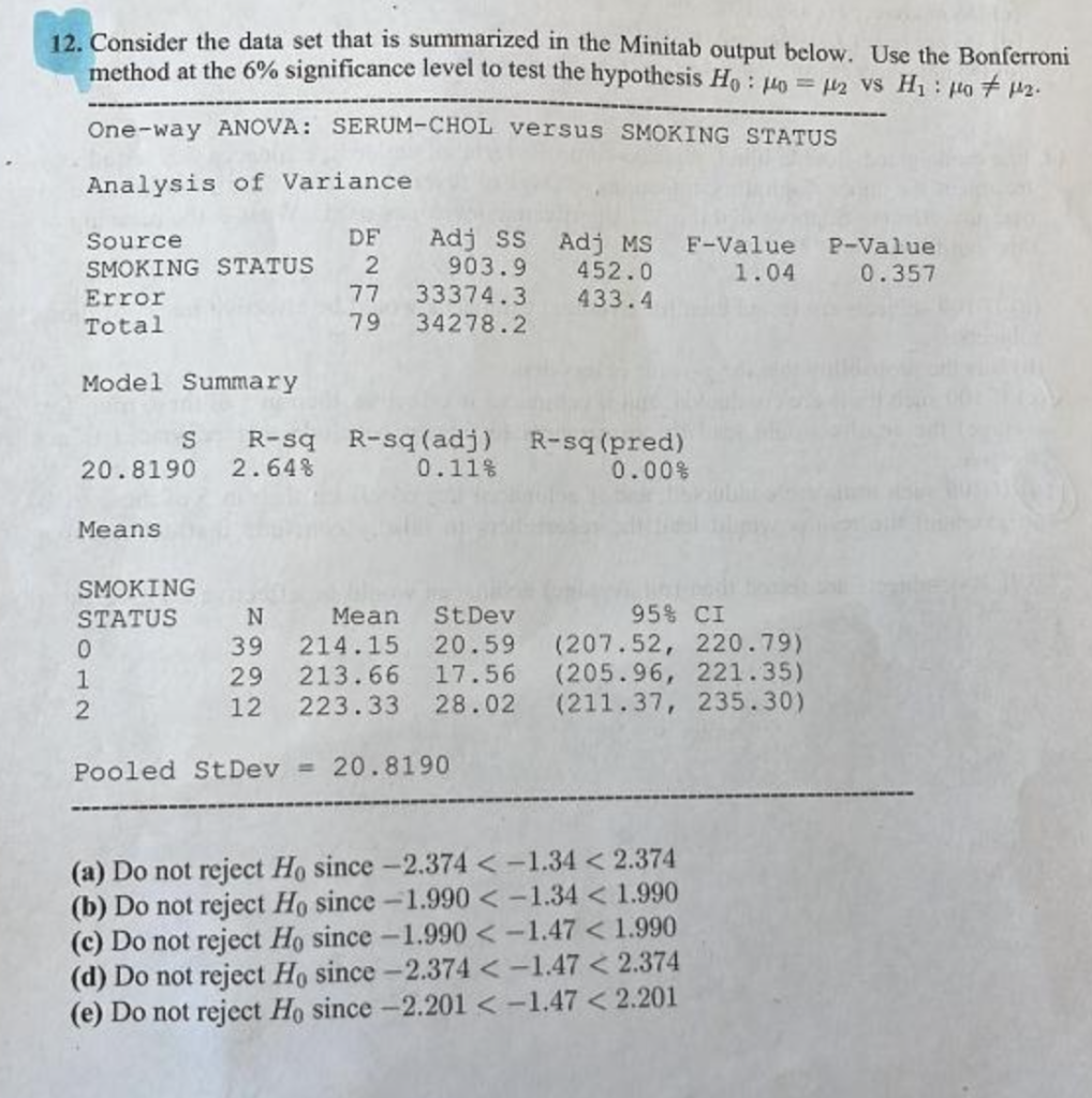 Solved 12. Consider the data set that is summarized in the | Chegg.com