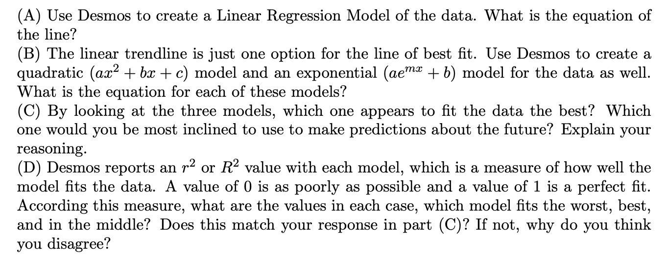 Solved (A) Use Desmos to create a Linear Regression Model of | Chegg.com