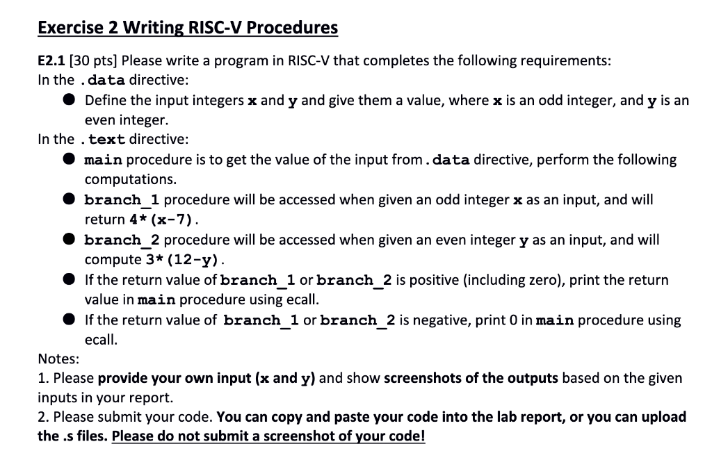 Solved Exercise 2 Writing RISC-V Procedures E2.1 [30 pts] | Chegg.com