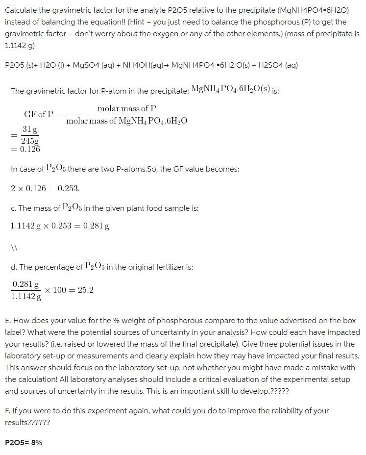 Solved Calculate the gravimetric factor for the analyte P2O5 | Chegg.com