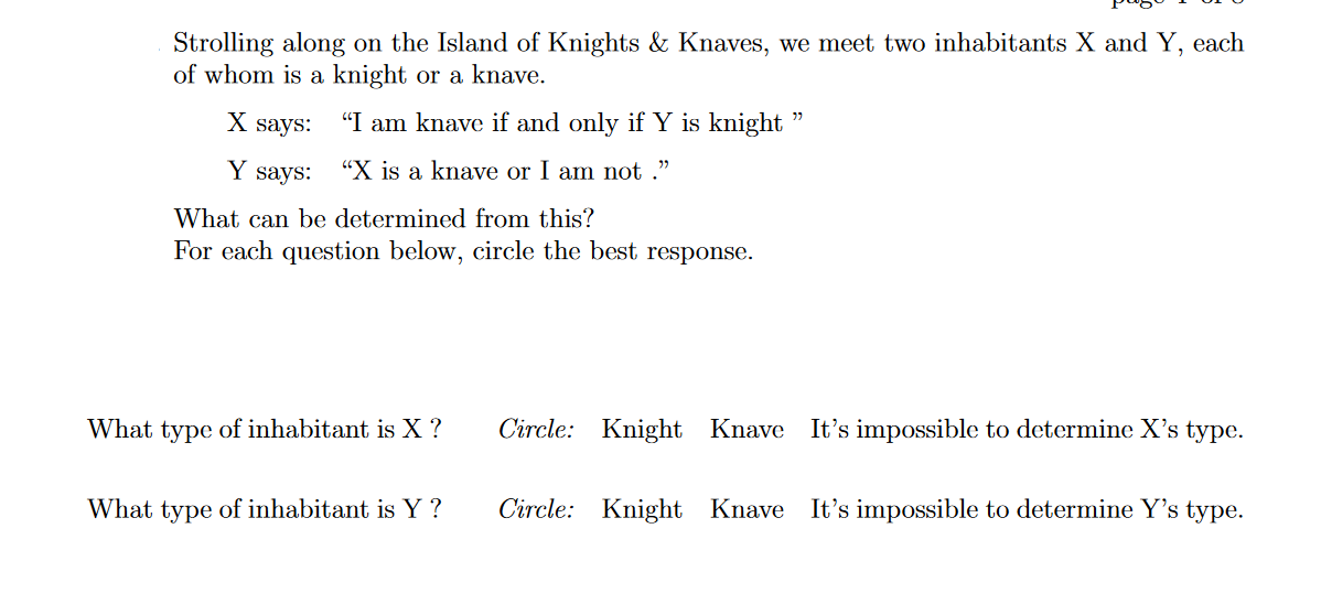 Solved Strolling along on the Island of Knights \& Knaves, | Chegg.com