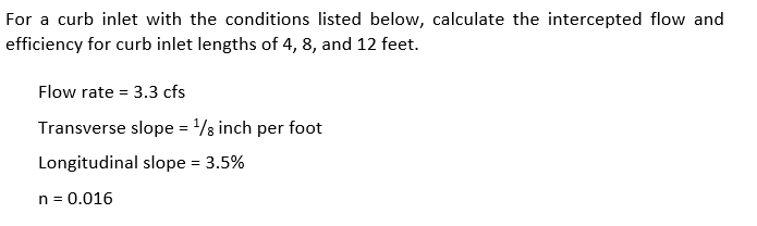 Solved For a curb inlet with the conditions listed below, | Chegg.com