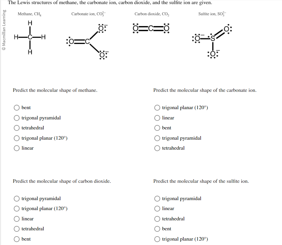 Solved Predict The Molecular Shape Of Methane Bent Trigonal 2126