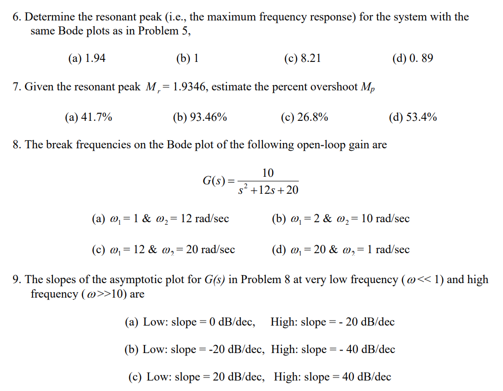 Solved Bode Dlagram Frequency (rad/sec)6. Determine the | Chegg.com