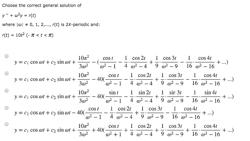 Solved Choose the correct general solution of y" + w2y = | Chegg.com