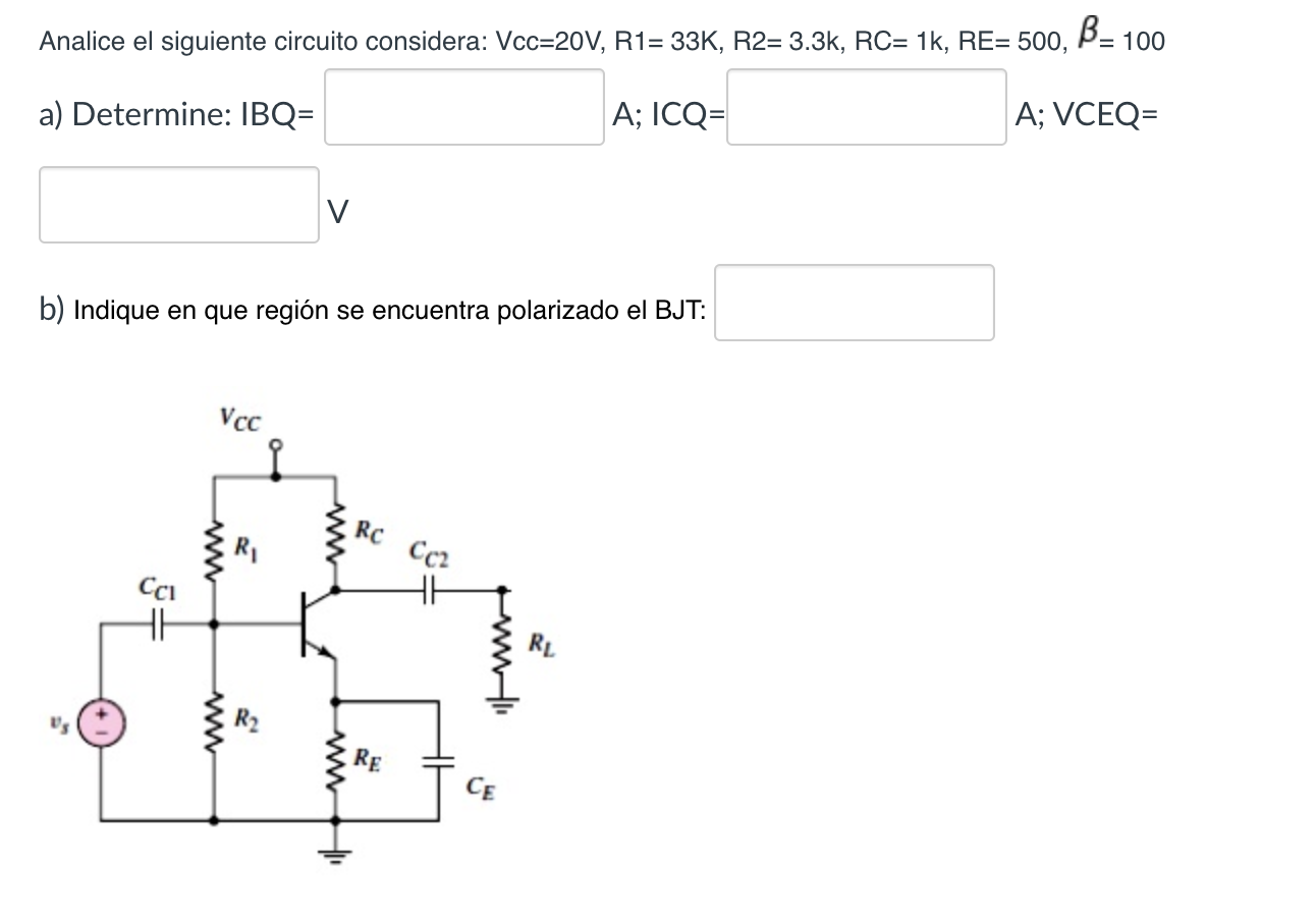 Solved Analice el siguiente circuito considera: Vcc=20 | Chegg.com
