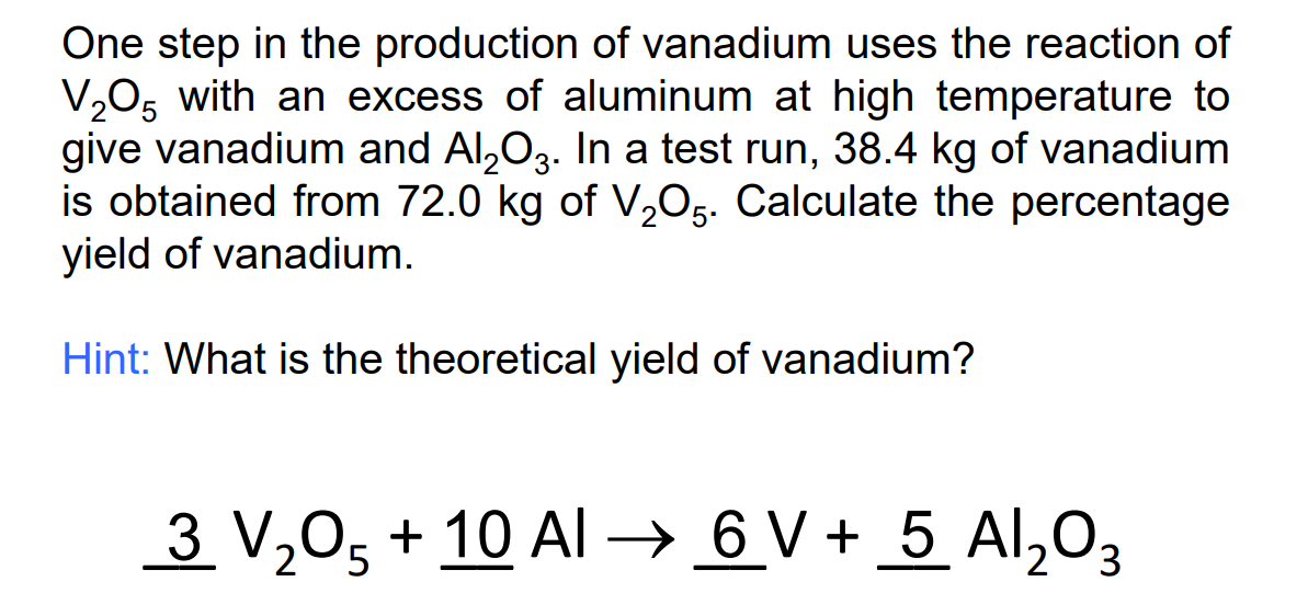 Solved One step in the production of vanadium uses the | Chegg.com