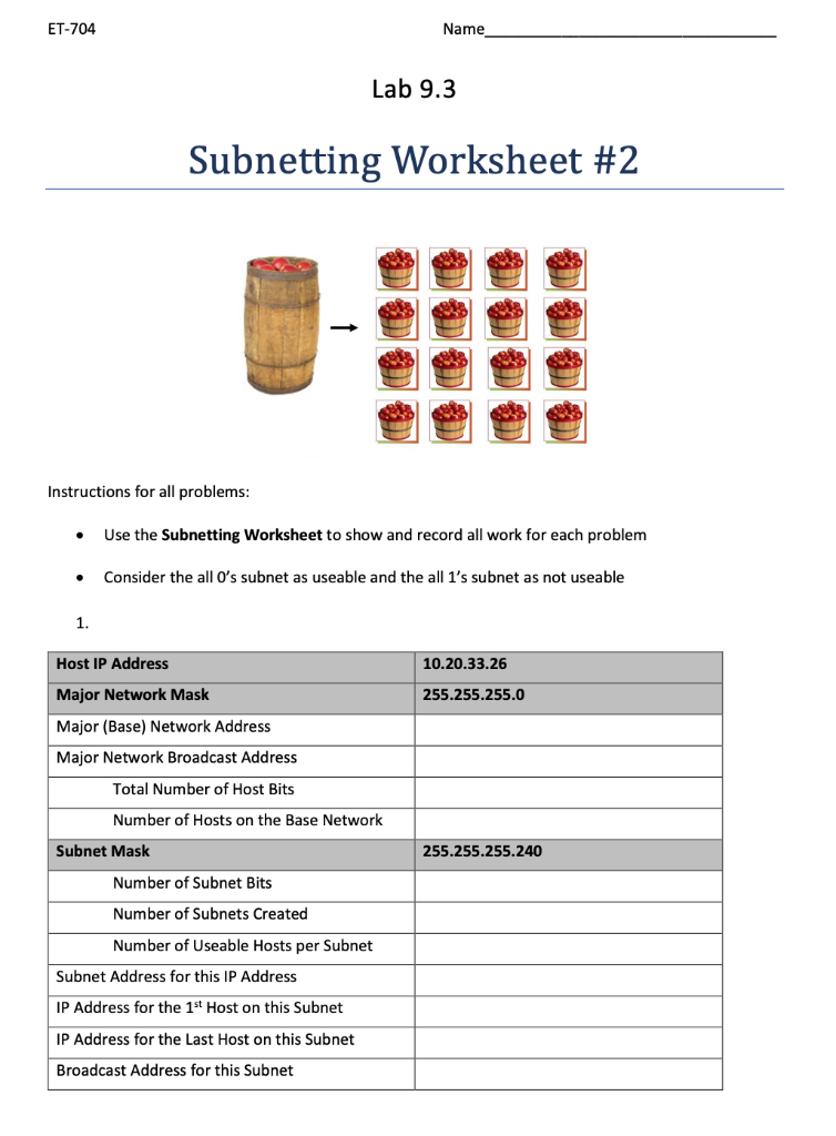 Solved Et 704 Name Lab 9 3 Subnetting Worksheet 2 1