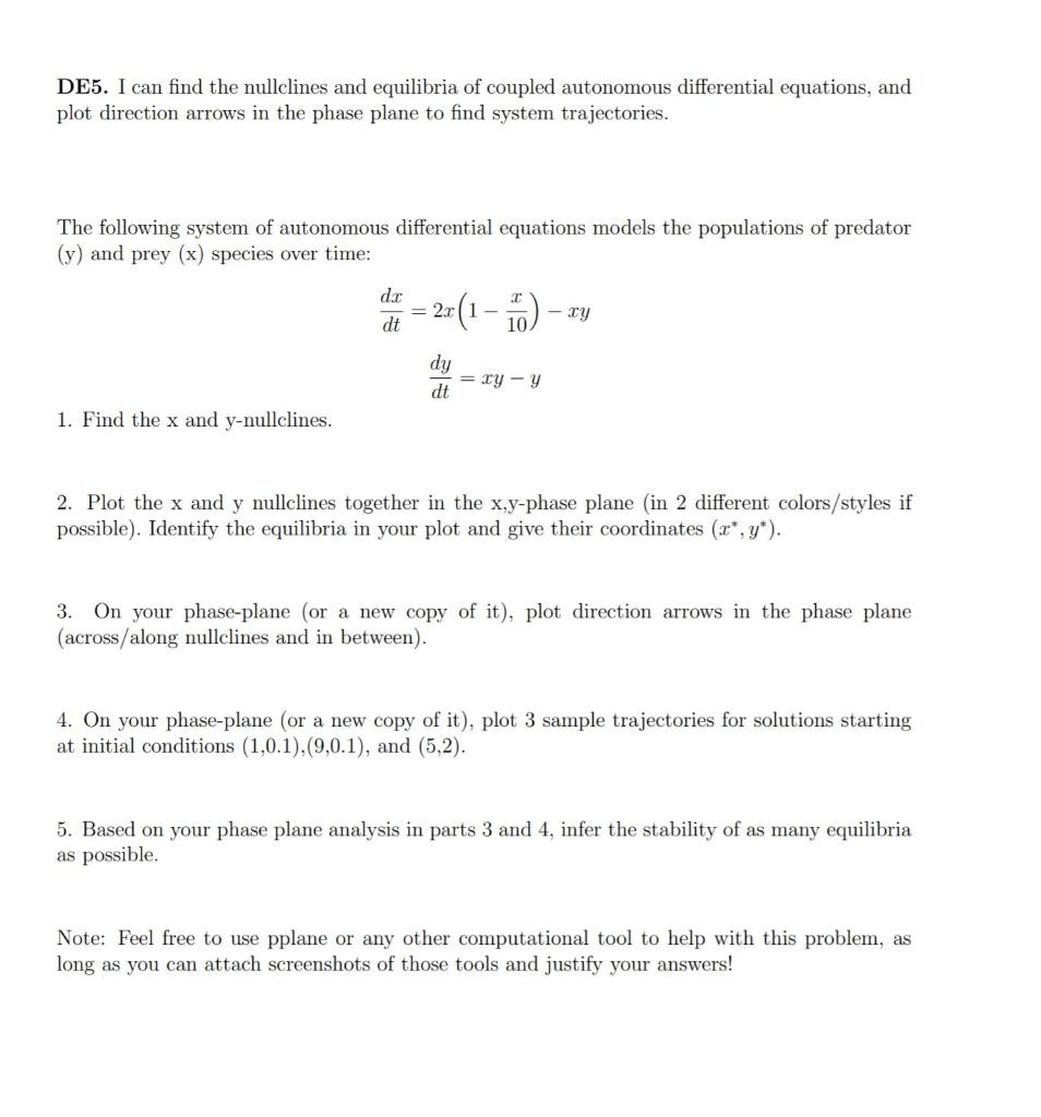 Solved DE5. I can find the nullclines and equilibria of | Chegg.com